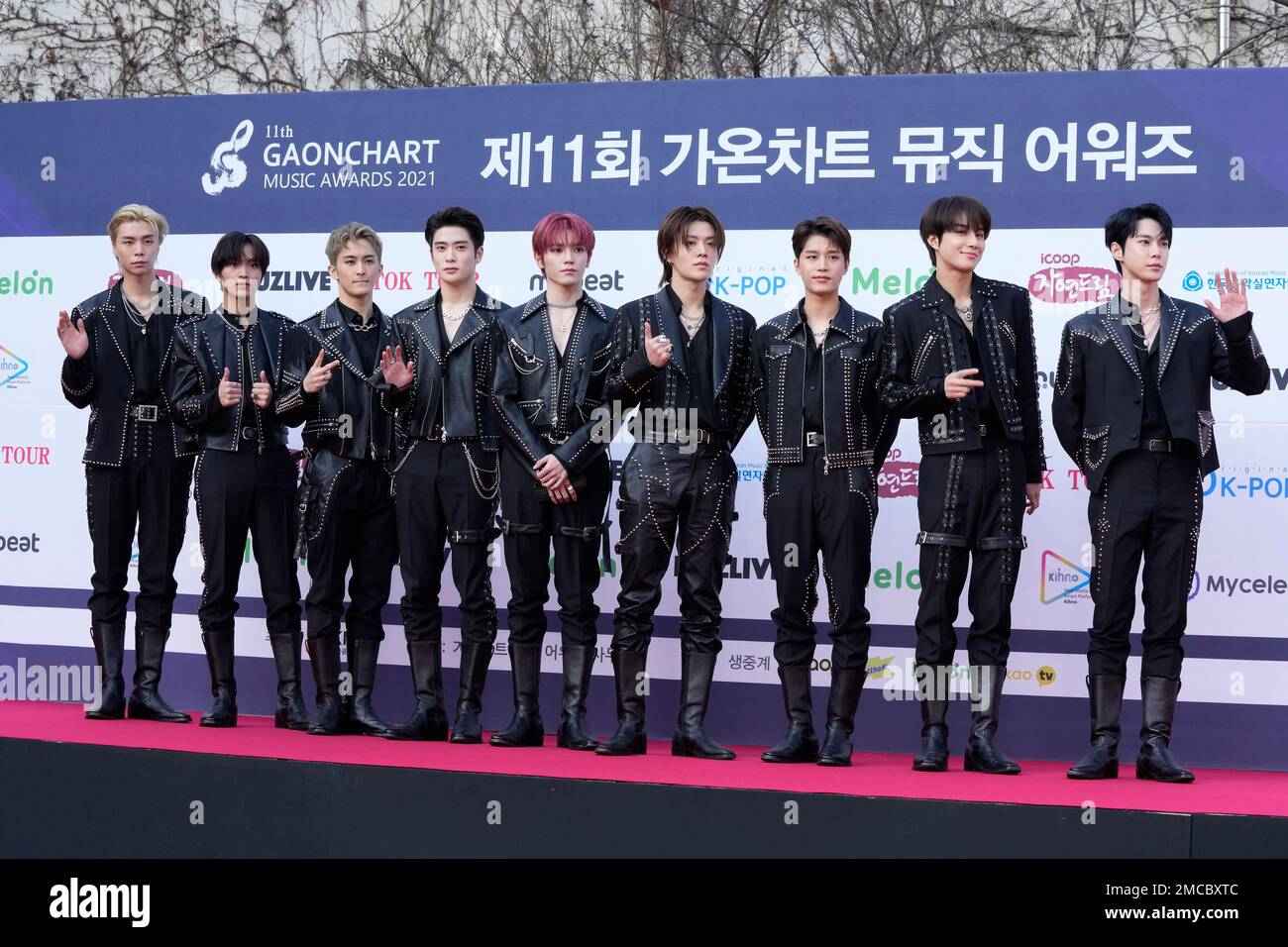 South Korean K-Pop group NCT 127 pose as they arrive to attend Gaon ...