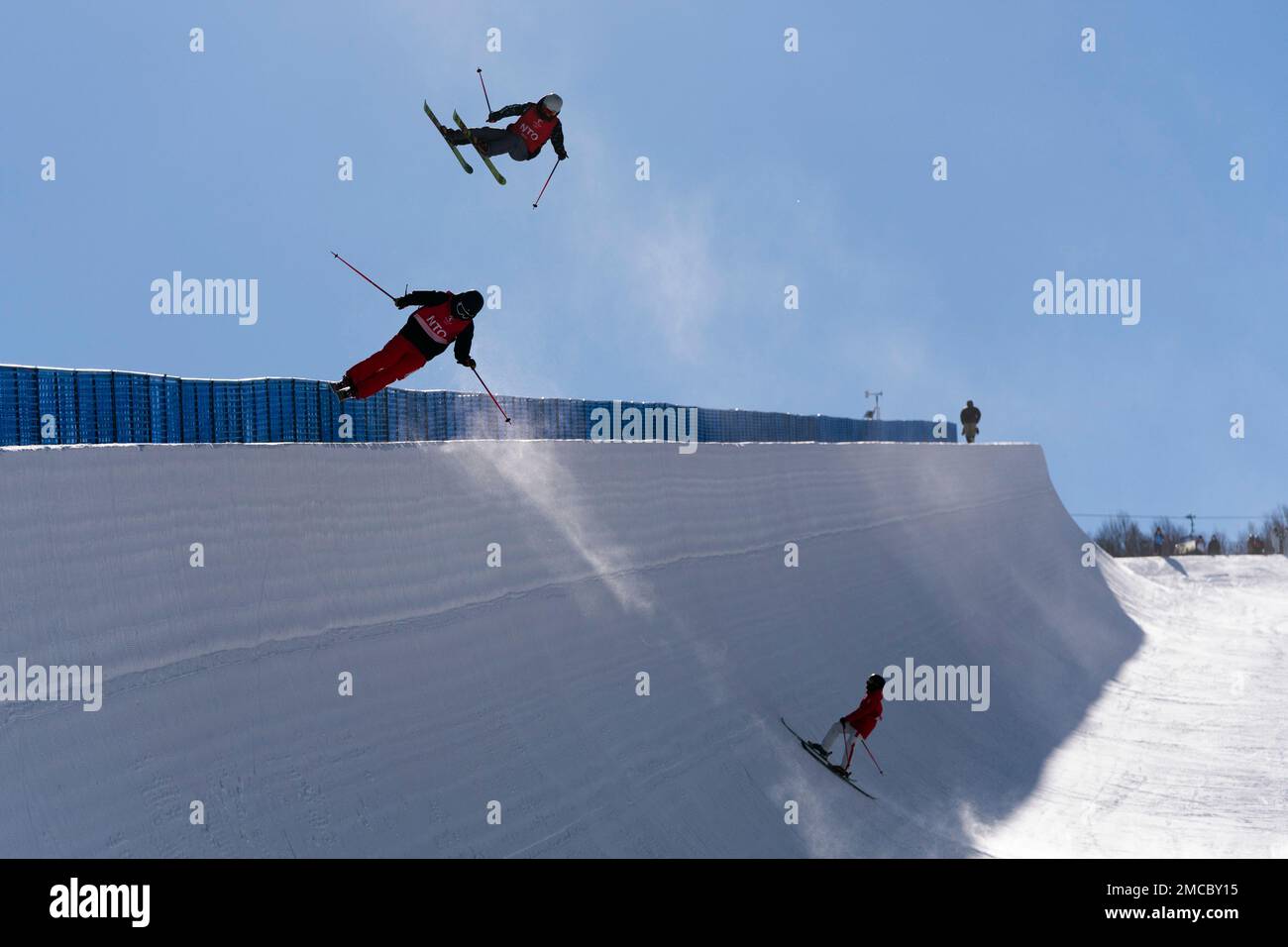 Three skiers train on the half-pipe ahead of the 2022 Winter Olympics ...