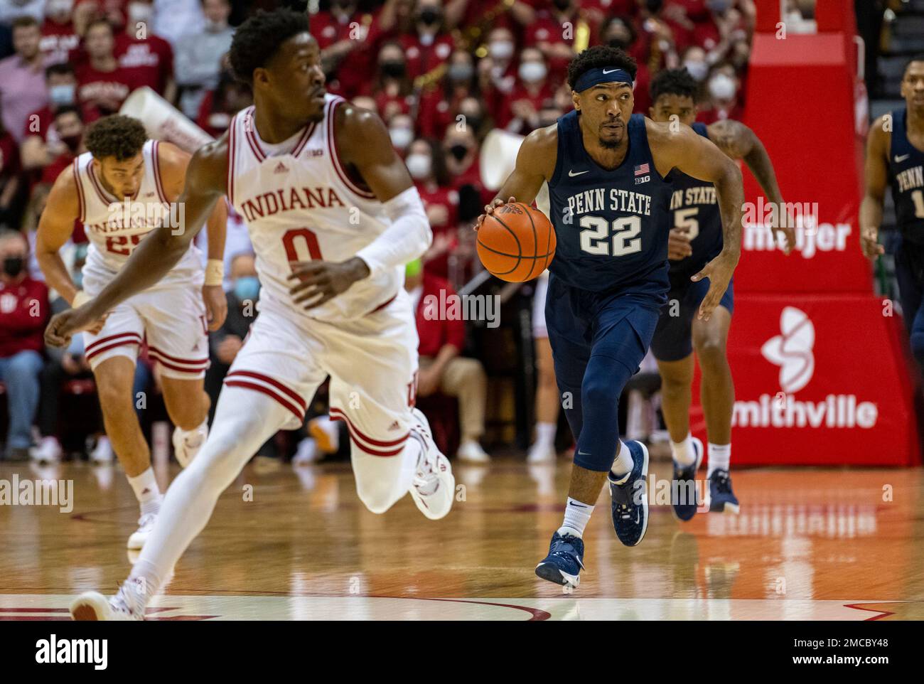 Penn State guard Jalen Pickett (22) brings the ball up court during the ...