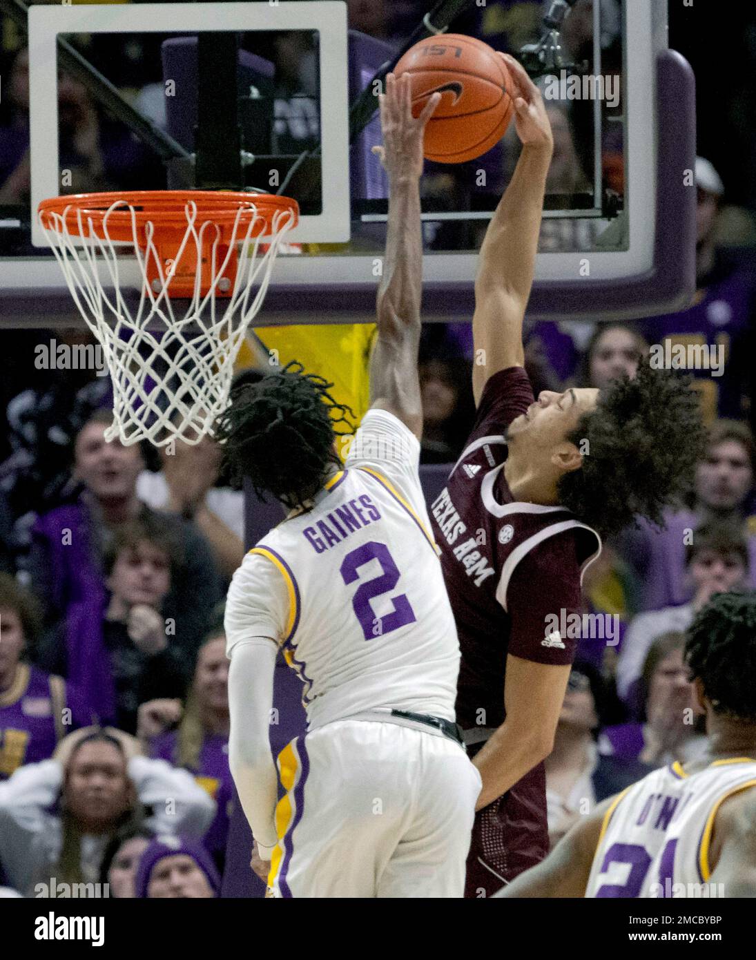 Texas A&M guard Marcus Williams (1) has his shot blocked by LSU guard ...
