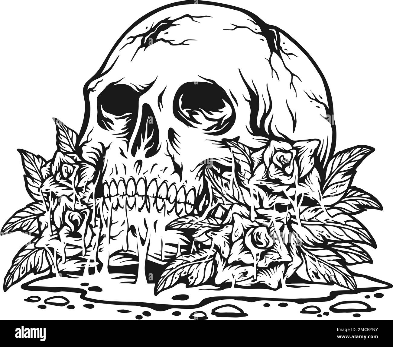Creepy skull head roses floral plant monochrome vector illustrations ...