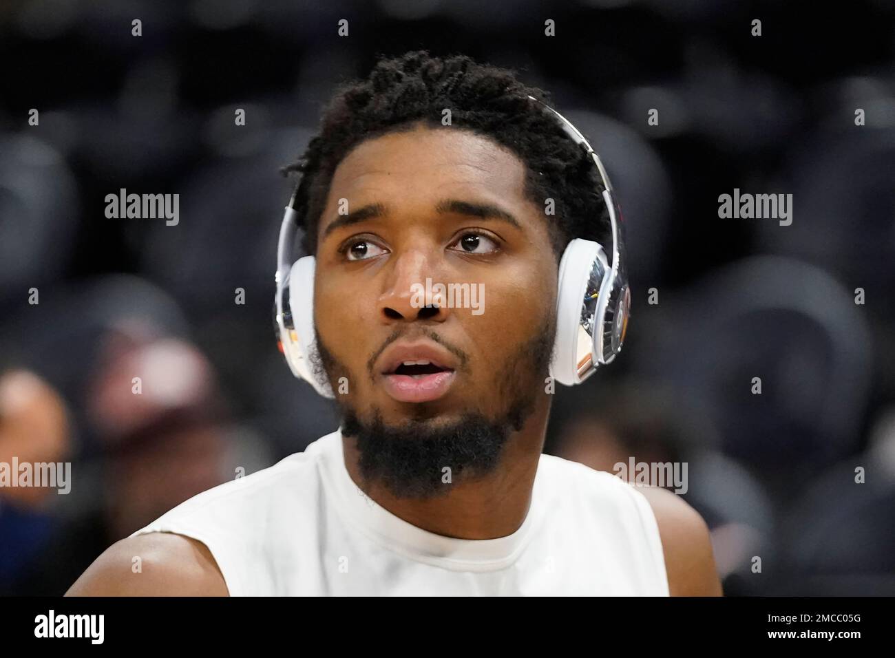 Utah Jazz guard Donovan Mitchell warms up before the start of an NBA ...