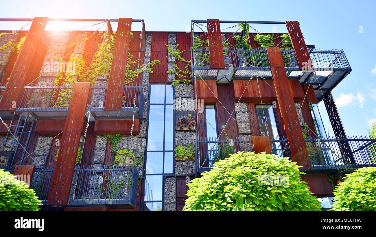 Modern facade covered in unique Corten steel and glass materials Stock ...