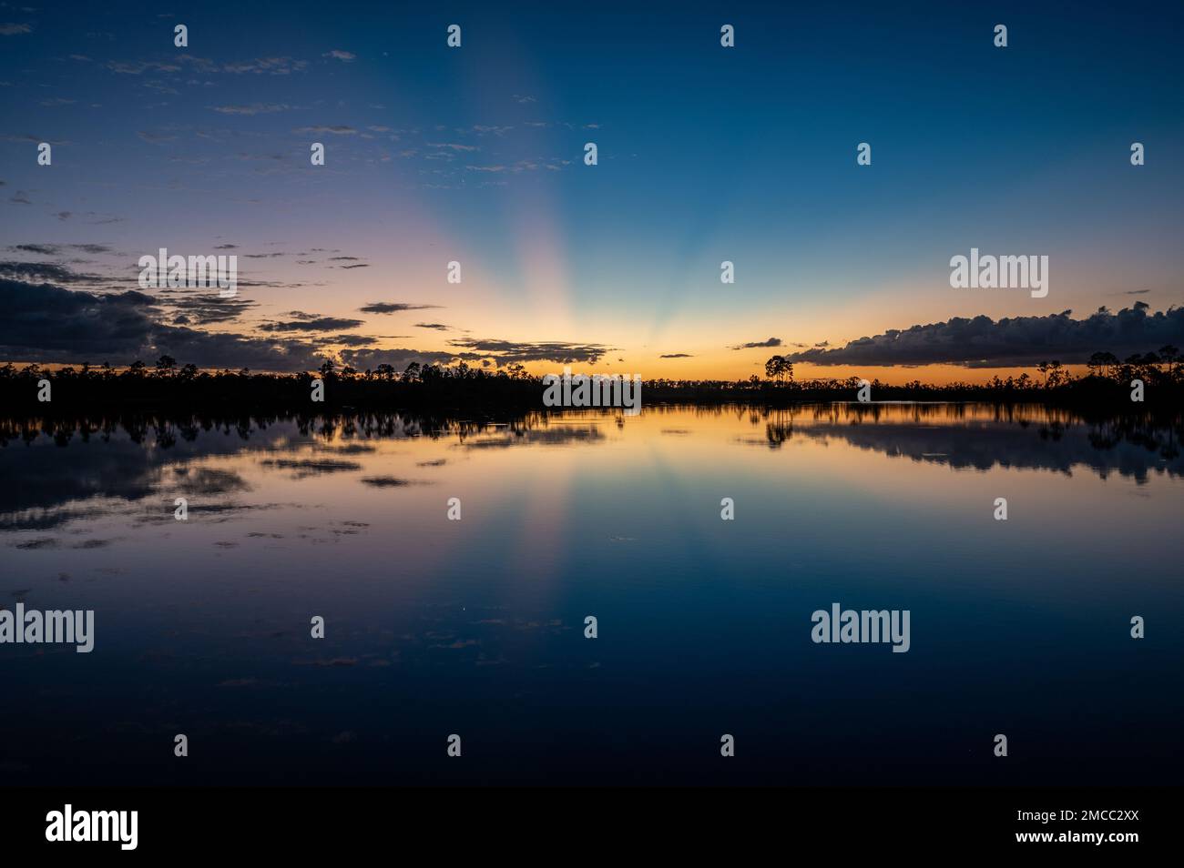 Colorful twilight sun rays over and reflected in Pine Glades Lake in ...