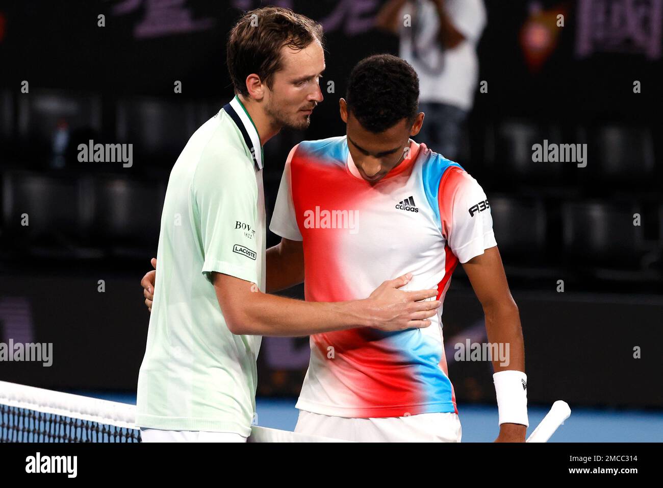 Daniil Medvedev, left, of Russia is congratulated by Felix Auger-Aliassime of Canada after ...