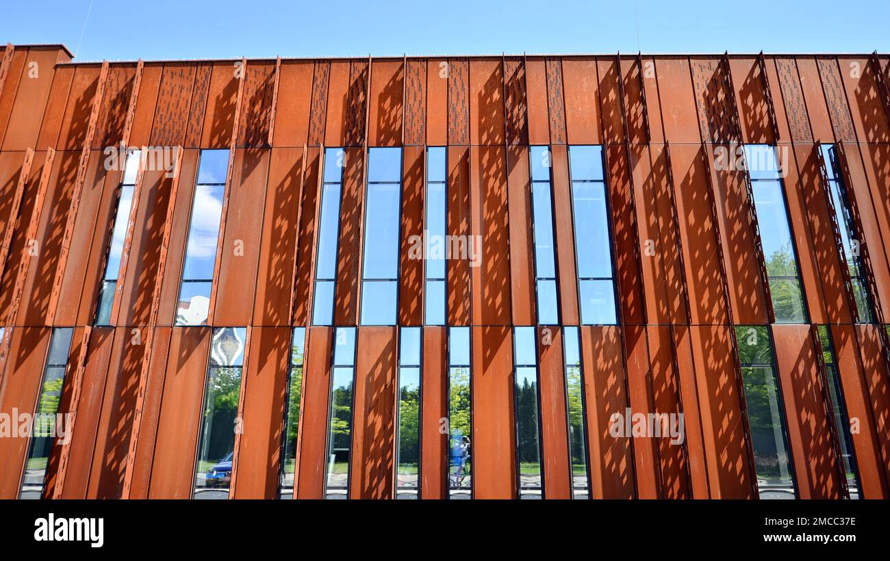 Modern facade covered in unique Corten steel and glass materials Stock ...