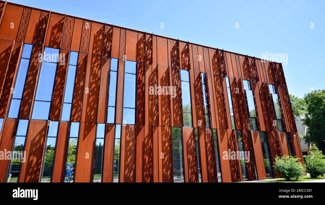 Modern facade covered in unique Corten steel and glass materials Stock ...