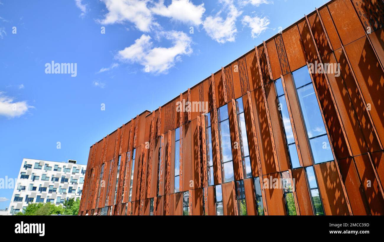 Modern facade covered in unique Corten steel and glass materials Stock ...