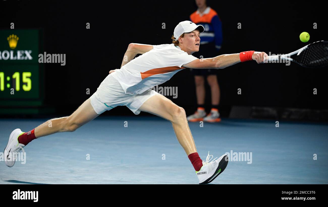 Jannik Sinner of Italy plays a backhand return to Stefanos Tsitsipas of Greece during their ...