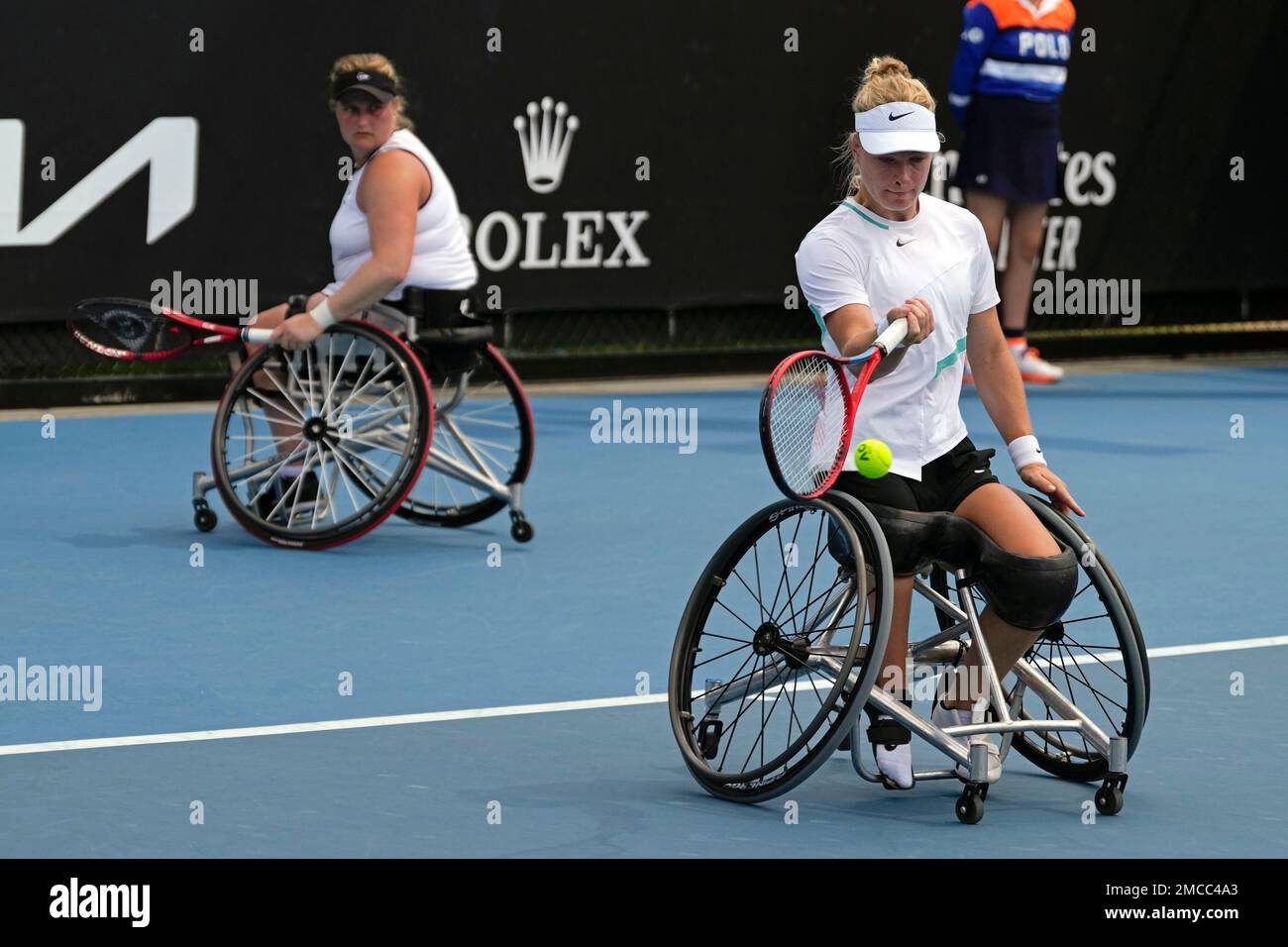 Diede De Groot, right, and Aniek Van Koot of the Netherlands play Yui ...