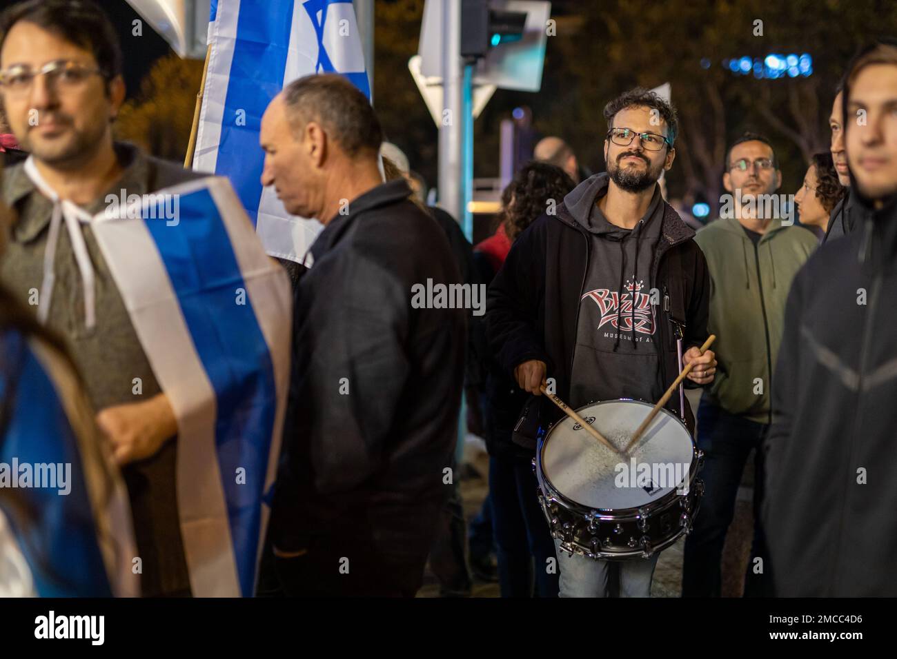 Haifa, Israel - January 21, 2023: People protest with signs against the ...