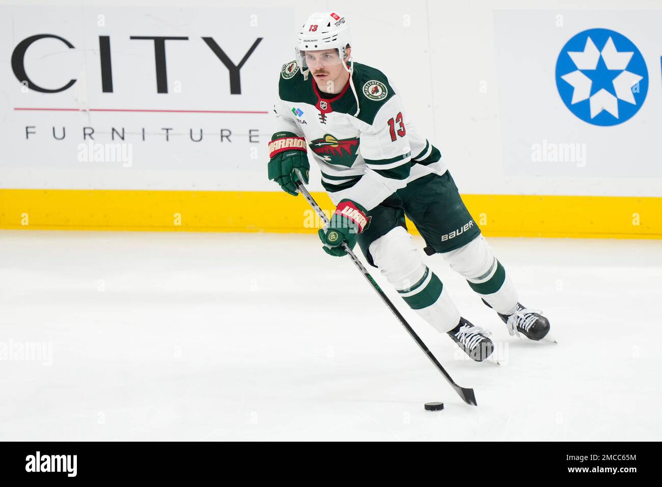 Minnesota Wild center Sam Steel warms up before the start of an NHL ...