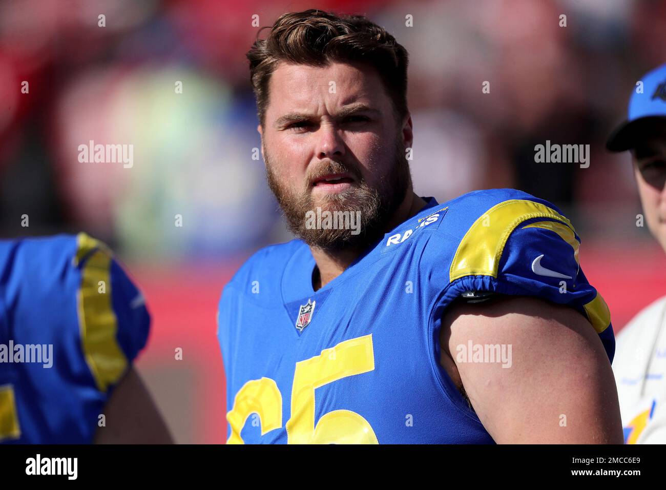 Los Angeles Rams center Coleman Shelton (65) watches from the sideline ...