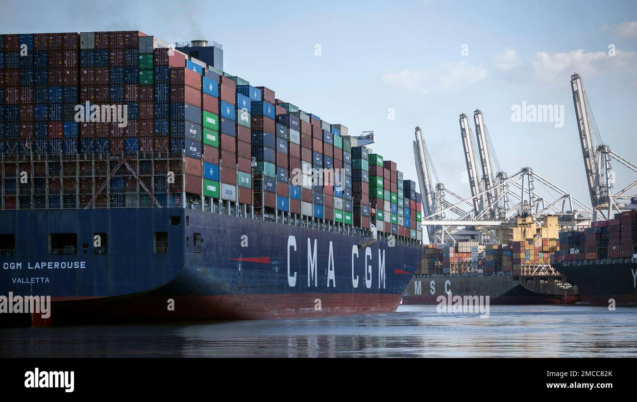 The container ship CMA CGM Laperouse, left, docks at the Georgia Ports ...