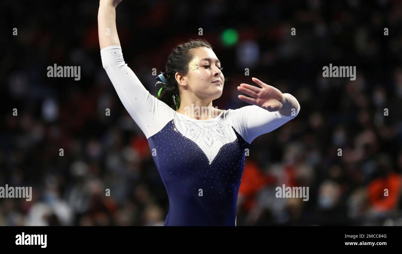 UC Davis's Emma Otsu competes on the balance beam during an NCAA ...