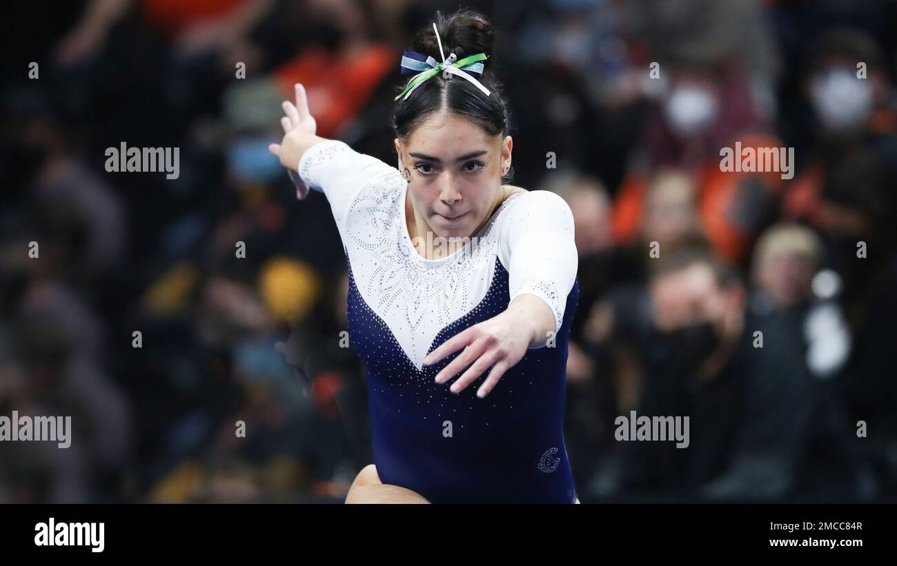 UC Davis's Bella Trejo competes on the floor during an NCAA gymnastics ...