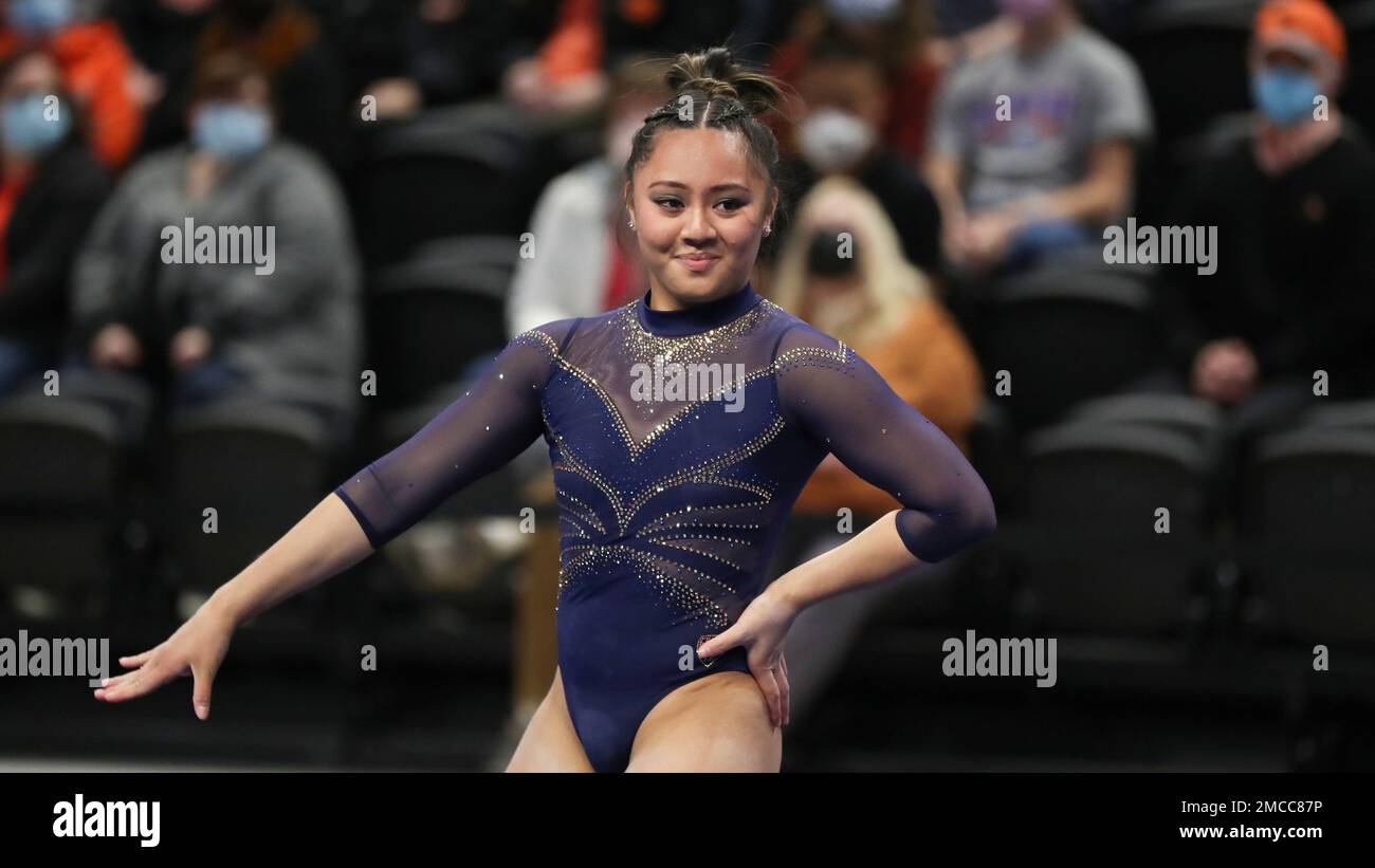 UCLA's Emma Malabuyo competes on the floor during an NCAA gymnastics ...