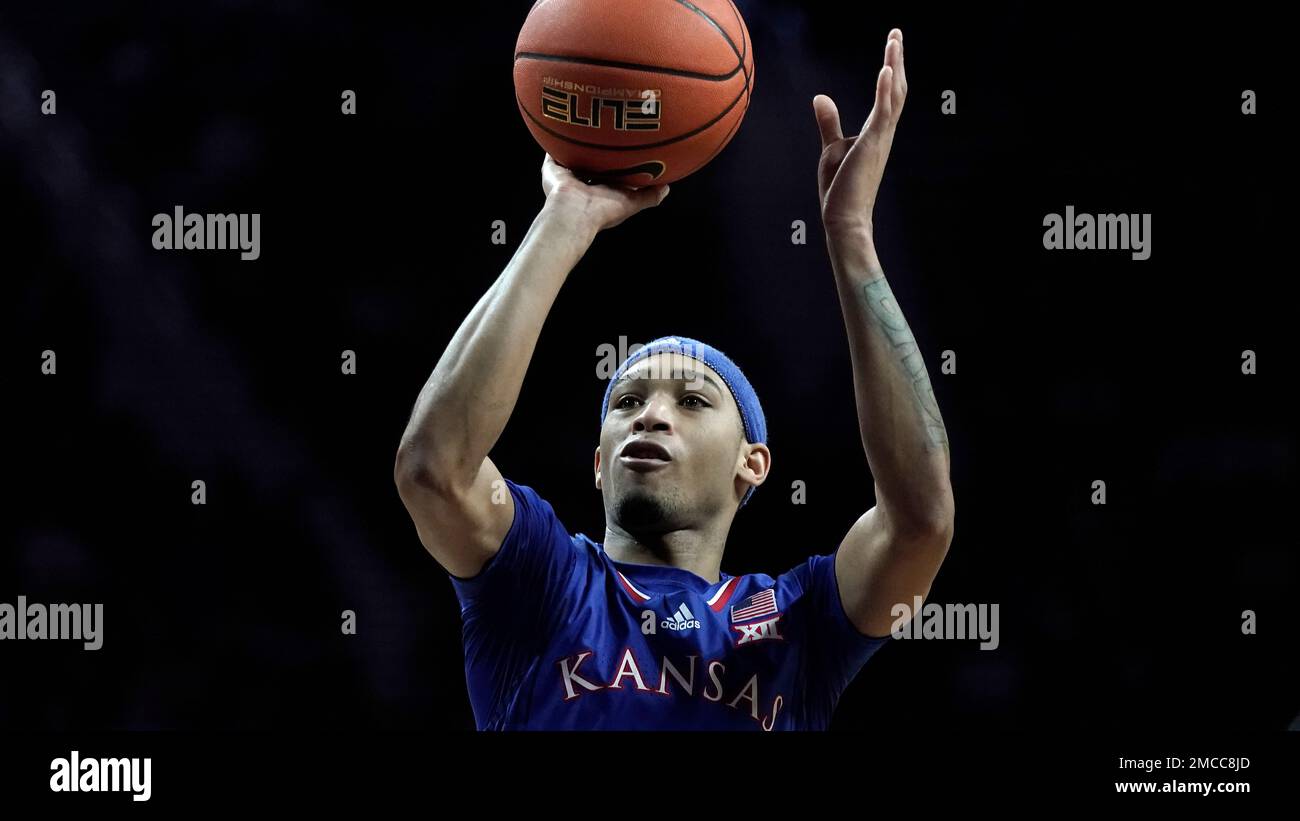Kansas guard Dajuan Harris Jr. shoots during the first half of an NCAA ...