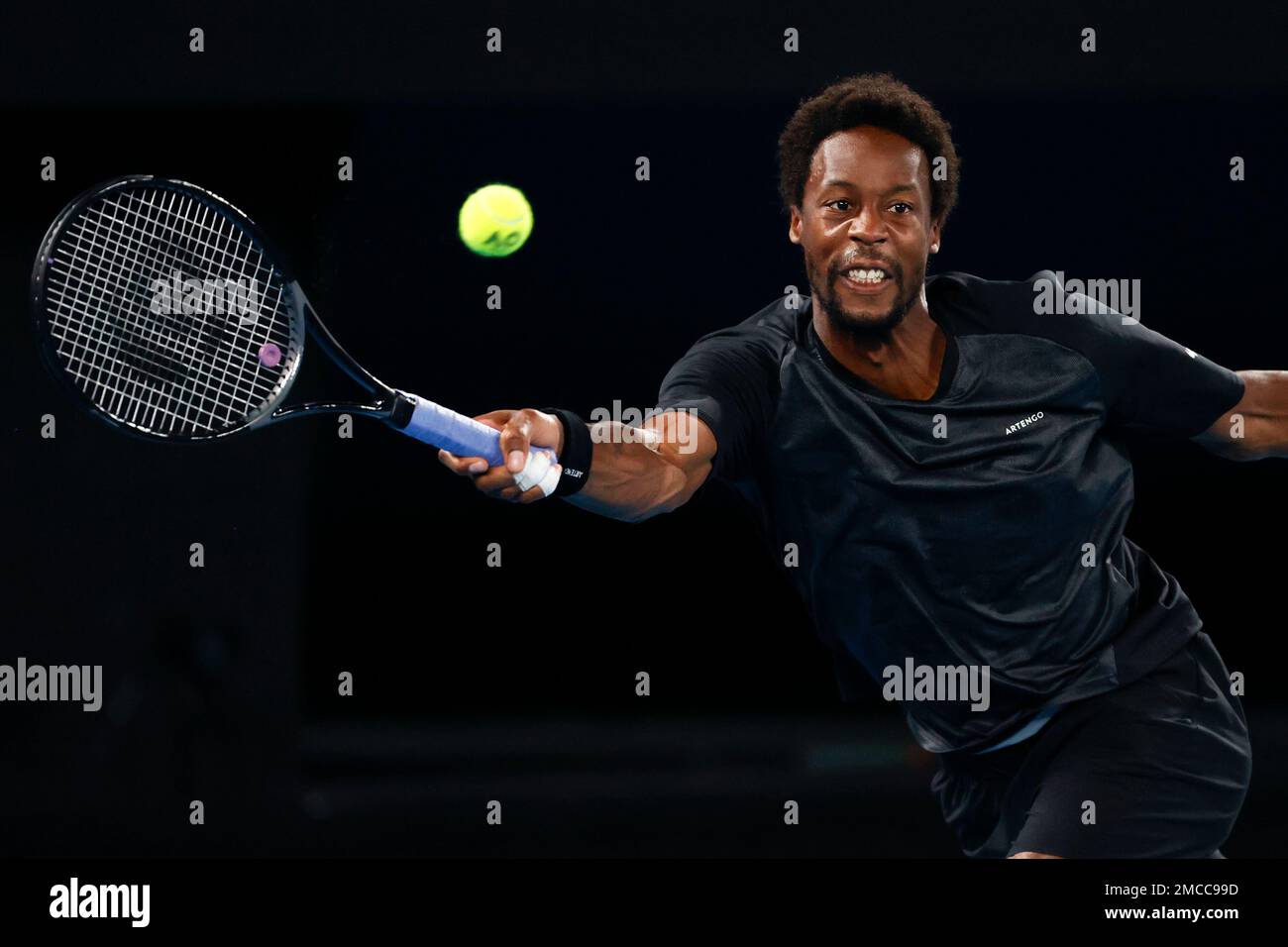 Gael Monfils of France plays a forehand return to Matteo Berrettini of ...