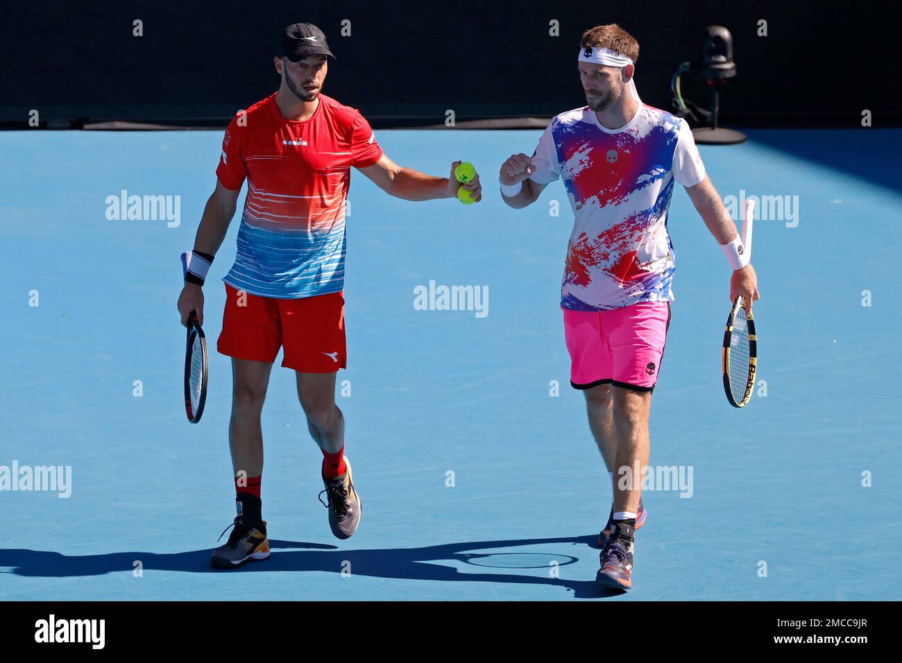 Germany's Tim Puetz, left, and Michael Venus of New Zealand react ...