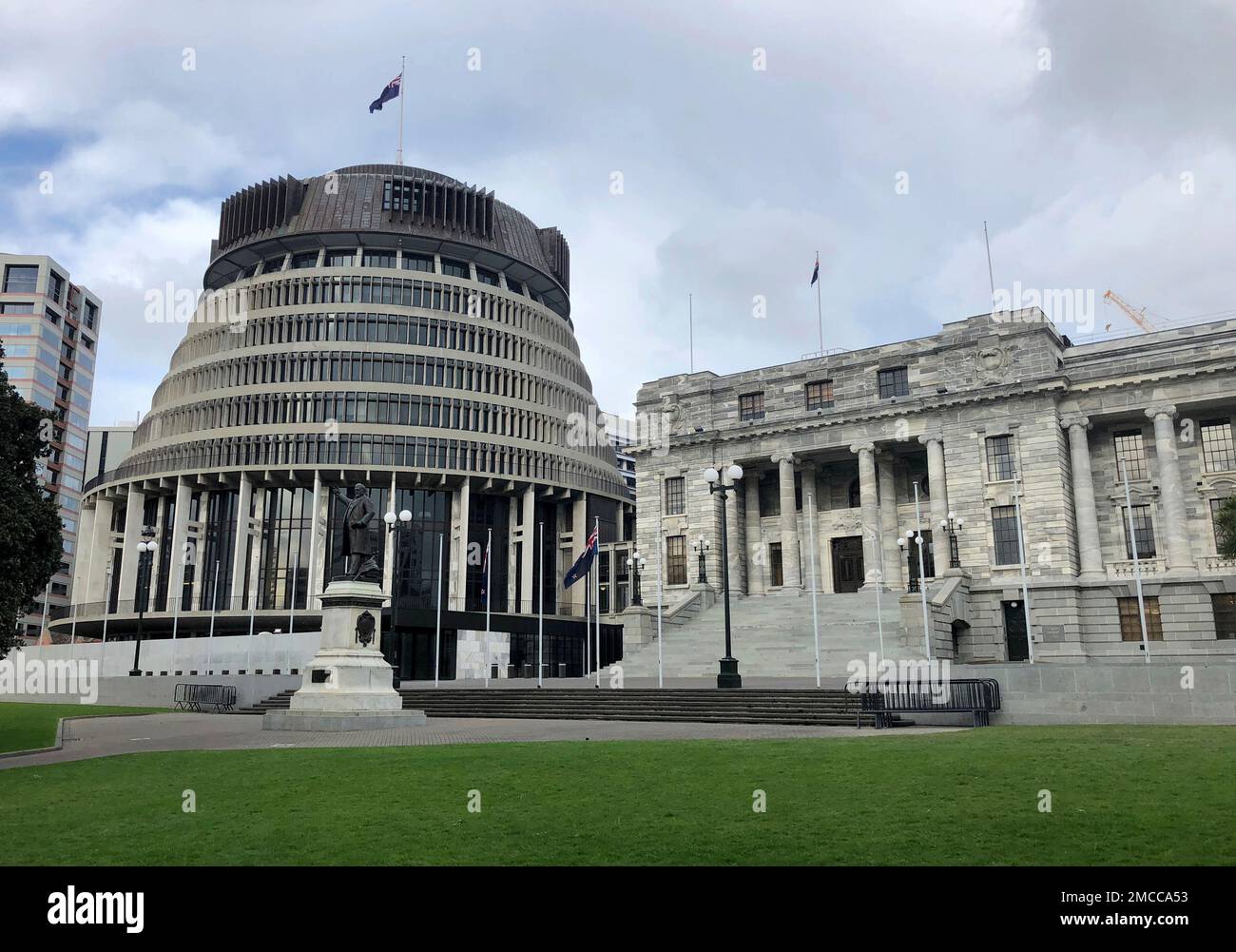 FILE - The New Zealand Parliament buildings, the Beehive on the left ...