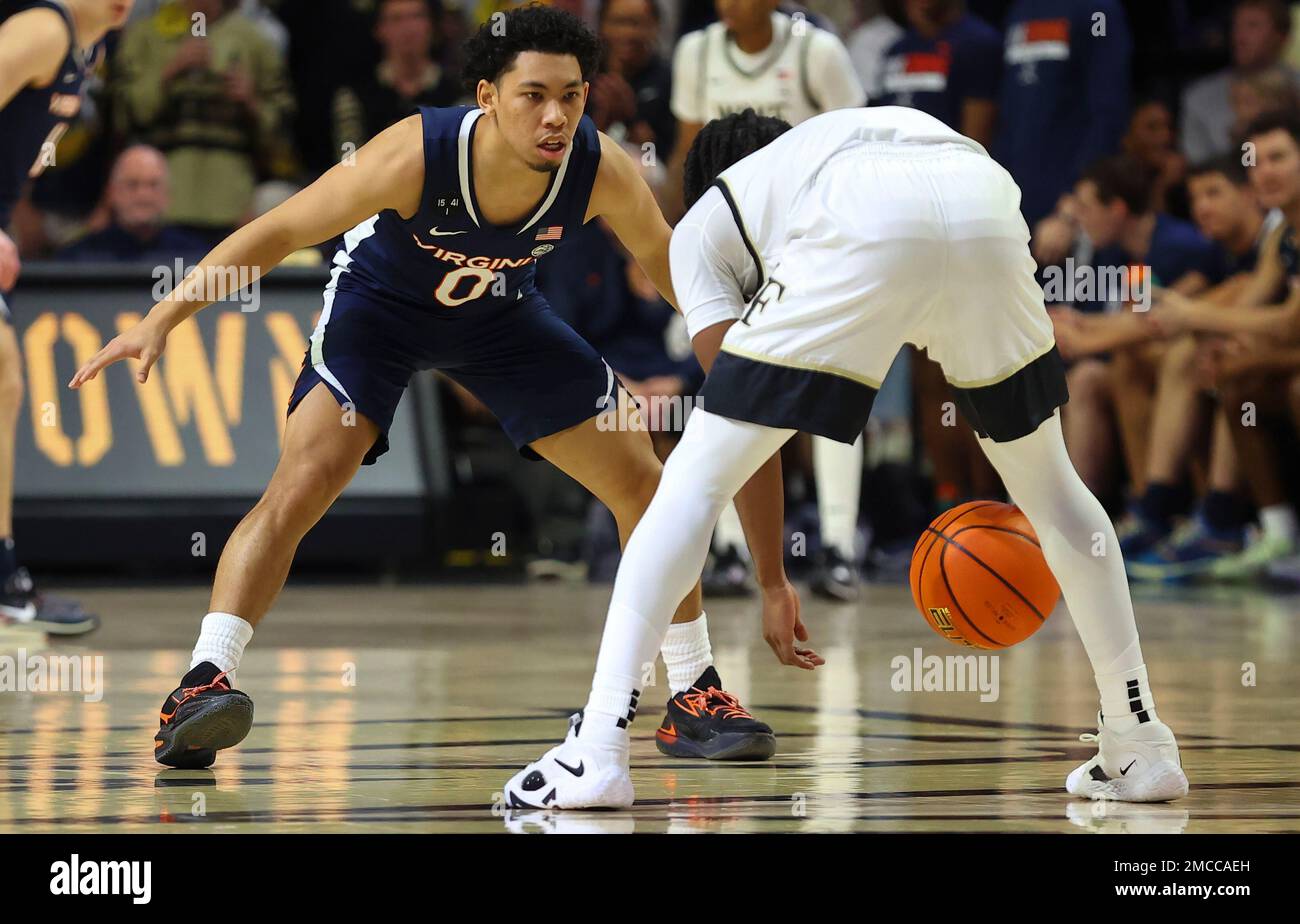 January 21, 2023: Virginia senior Kihei Clark (0) playing defense ...