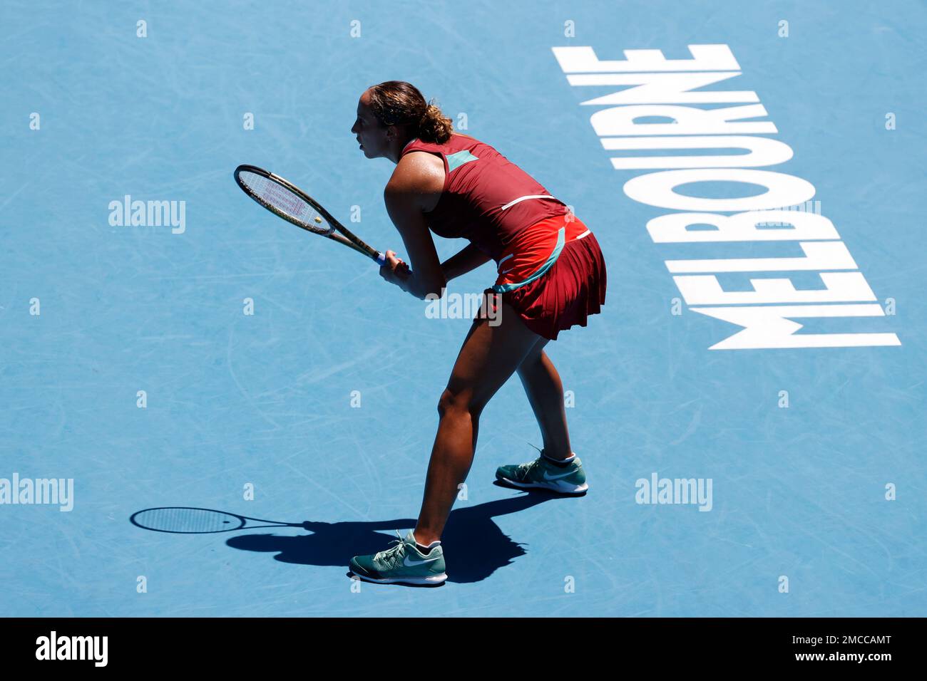 Madison Keys of the U.S. waits to receive serve from Barbora Krejcikova ...