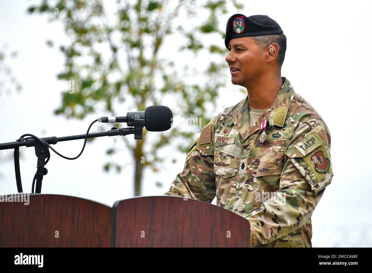 U.S. Air Force Lt. Col. Justin D. Bañez, outgoing commander of 2d Air ...