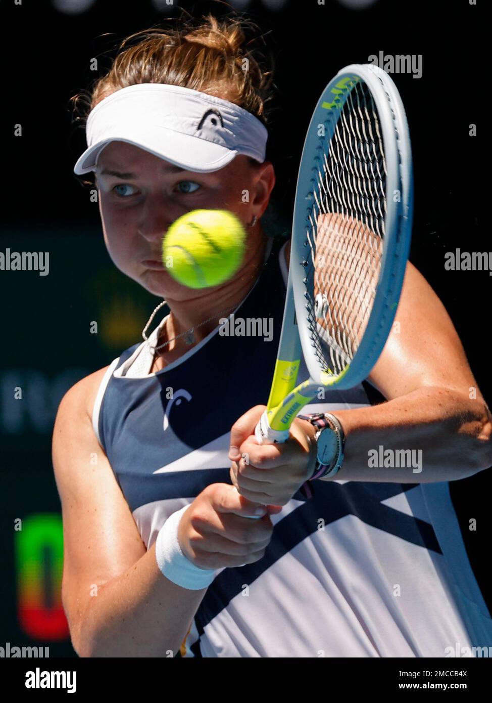 Barbora Krejcikova of the Czech Republic plays a backhand return to ...
