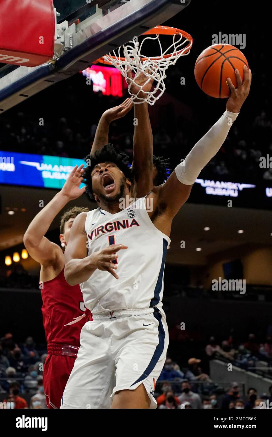 Virginia forward Jayden Gardner (1) reacts to being fouled as he shoots ...