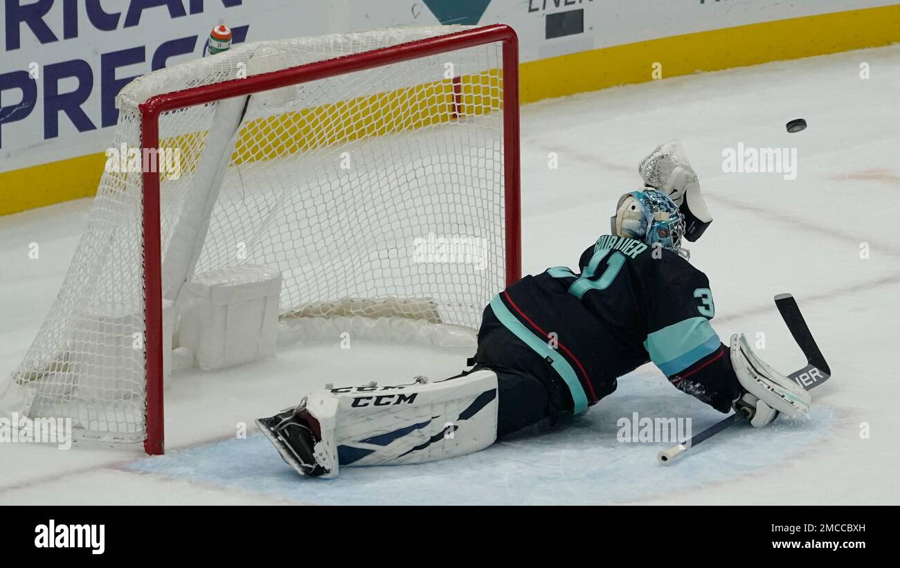 Seattle Kraken goaltender Philipp Grubauer makes a stop during an NHL ...