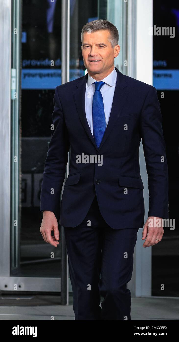 Mark Harper, MP, Transport Secretary, smiling, at BBC Broadcasting ...