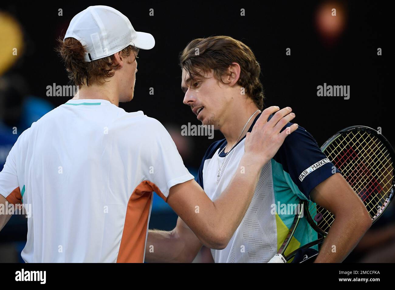 Jannik Sinner, left, of Italy is congratulated by Alex de Minaur of ... Jannik Sinner, left, of Italy is congratulated by Alex de Minaur of ...