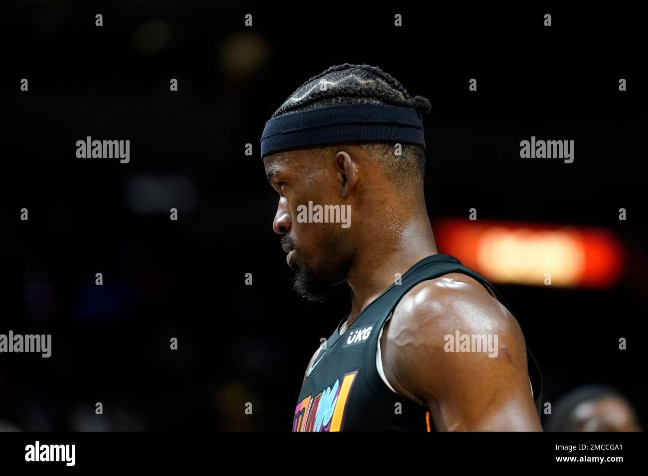 Miami Heat forward Jimmy Butler stands on the court during the second ...
