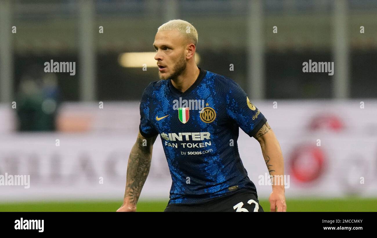 Inter Milan's Federico Dimarco controls the ball during a Serie A soccer match between Inter ...