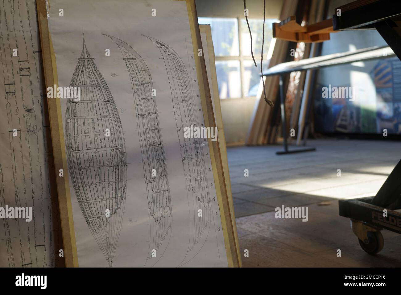 Boat design drawing sit in the Viking Ship Museum's boatyard. Roskilde ...