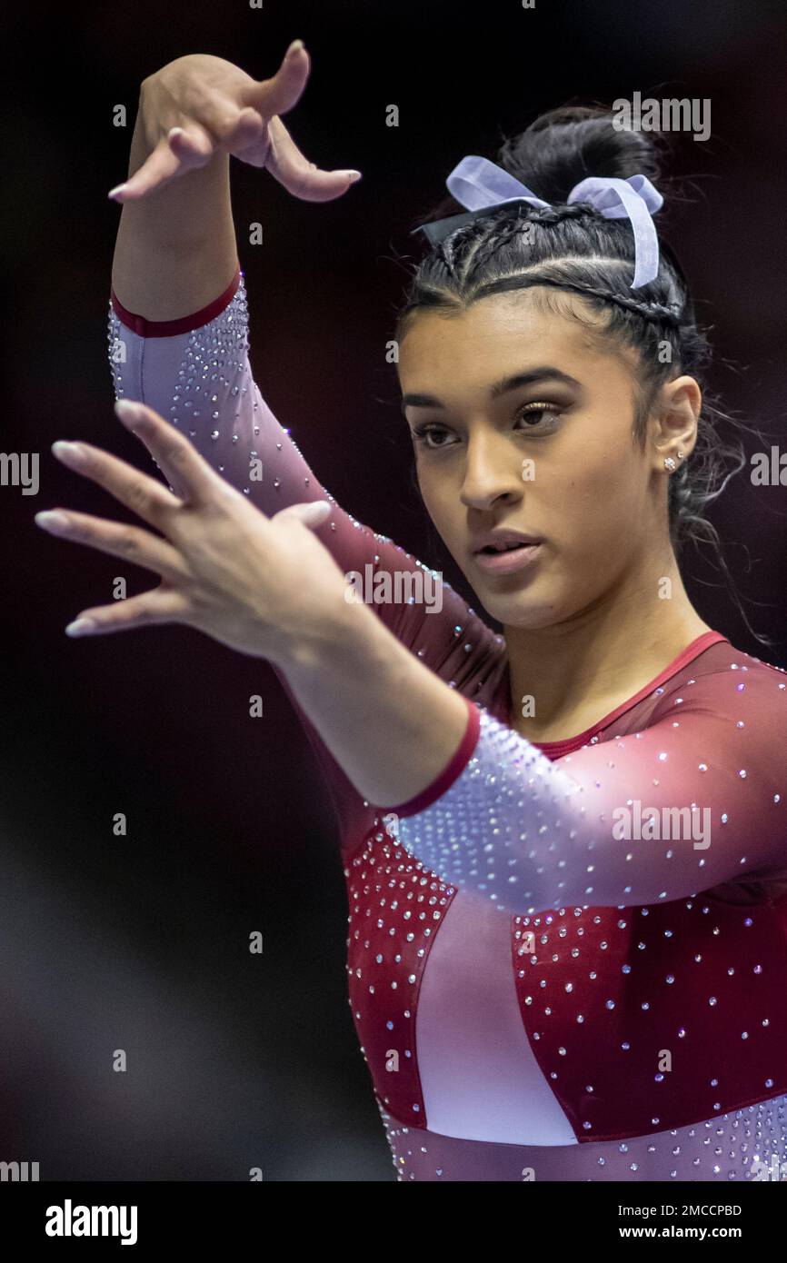 Alabama gymnast Luisa Blanco competes on the beam during an NCAA ...