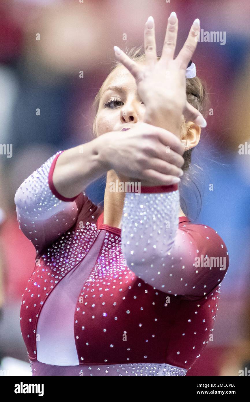 Alabama gymnast Cameron Machado competes on the floor during an NCAA ...