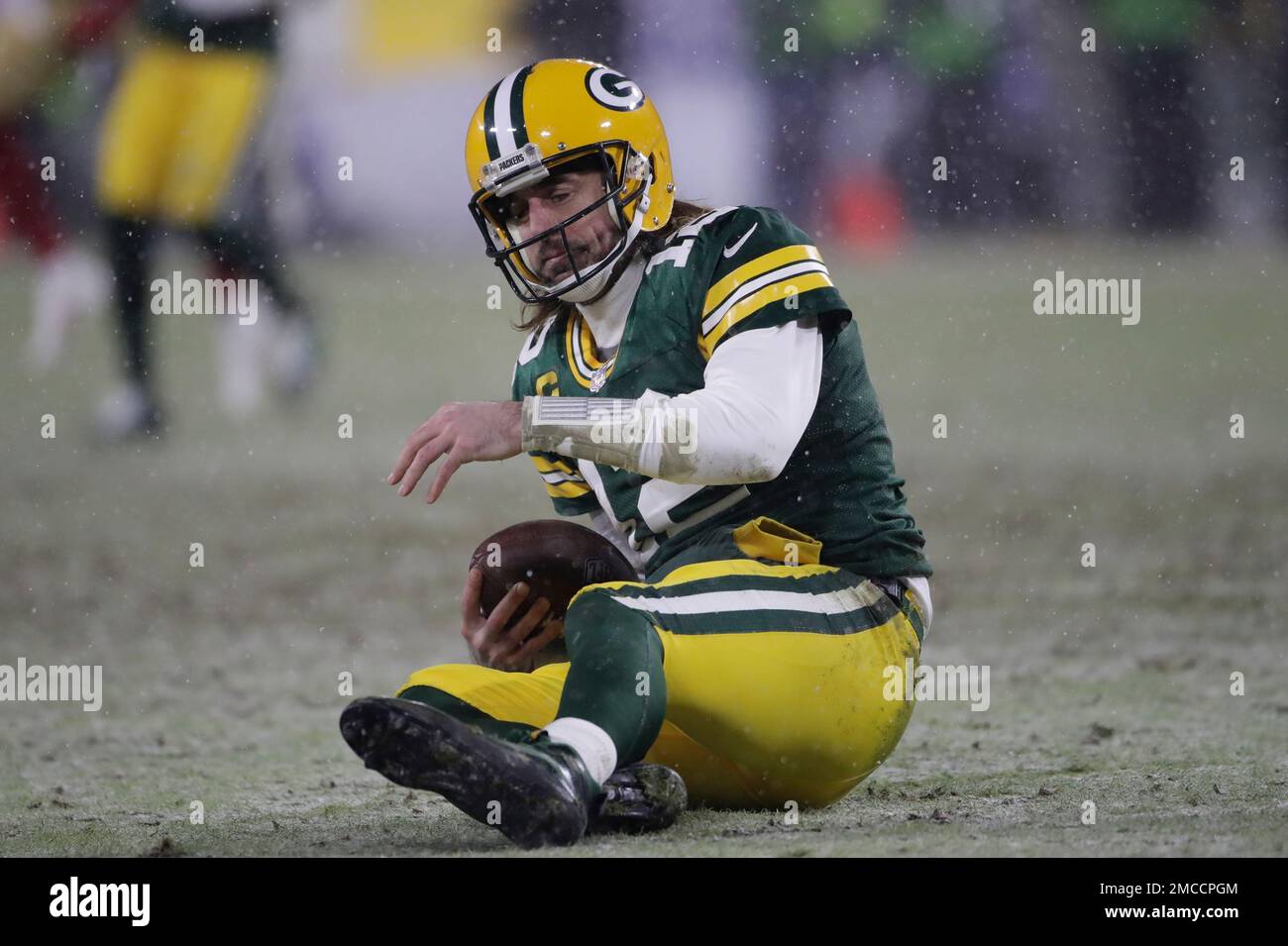 Green Bay Packers' Aaron Rodgers reacts after being sacked by San ...
