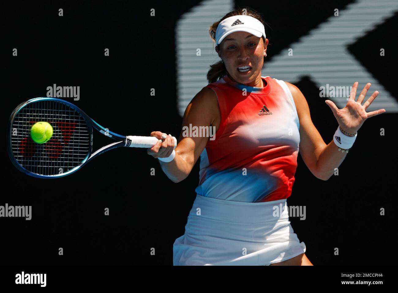 Jessica Pegula of the U.S. makes a forehand return to Maria Sakkari of ...