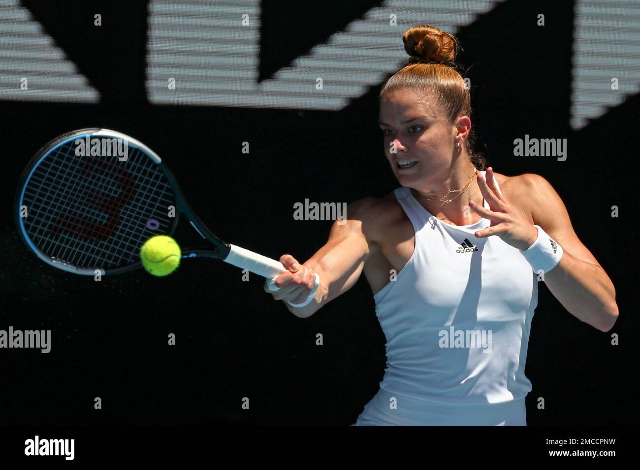 Maria Sakkari of Greece makes a forehand return to Jessica Pegula of ...