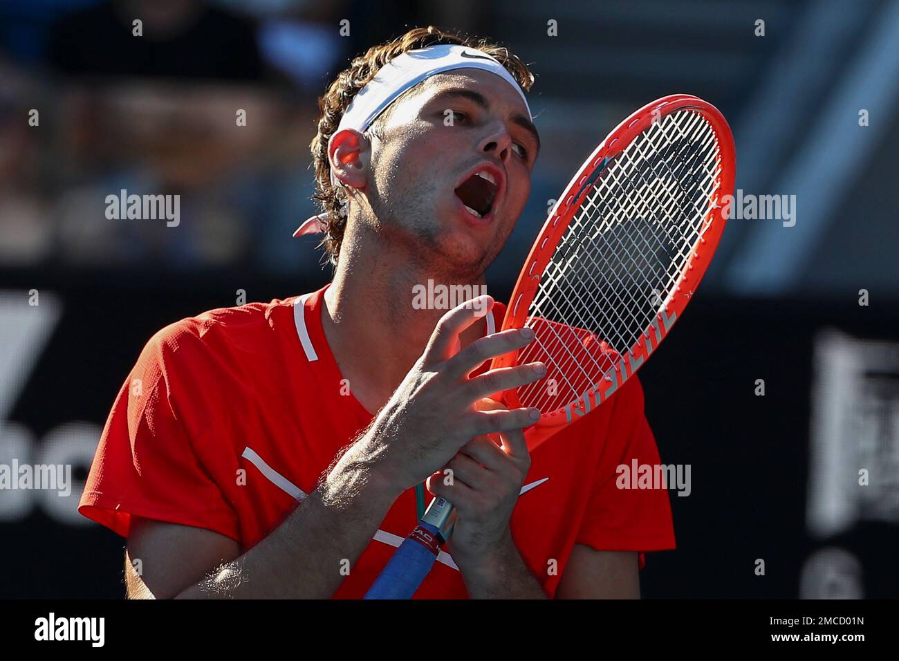 Taylor Fritz of the U.S. reacts during his third round match against ...