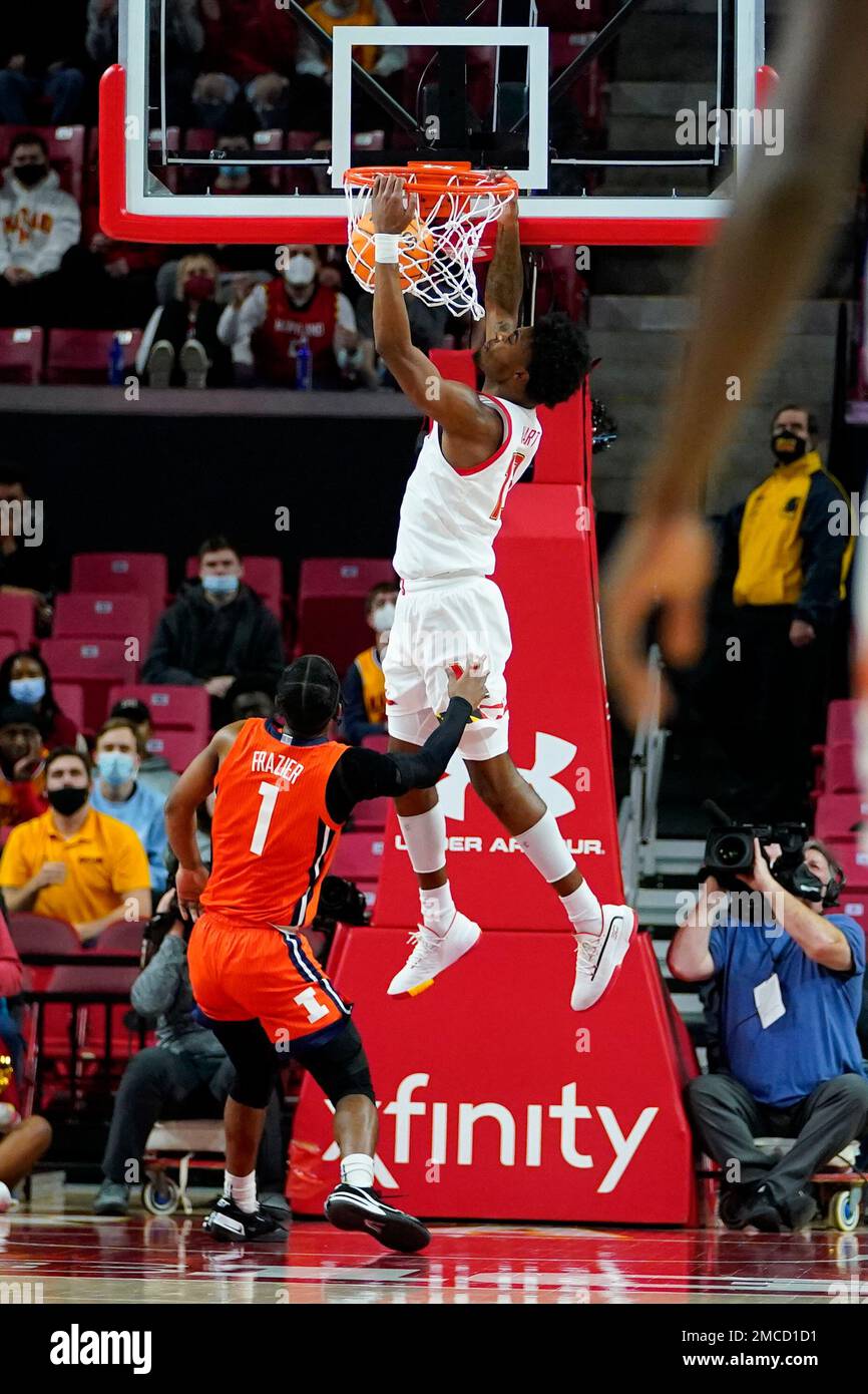 Maryland guard Hakim Hart, top, drops a dunk in front of Illinois ...