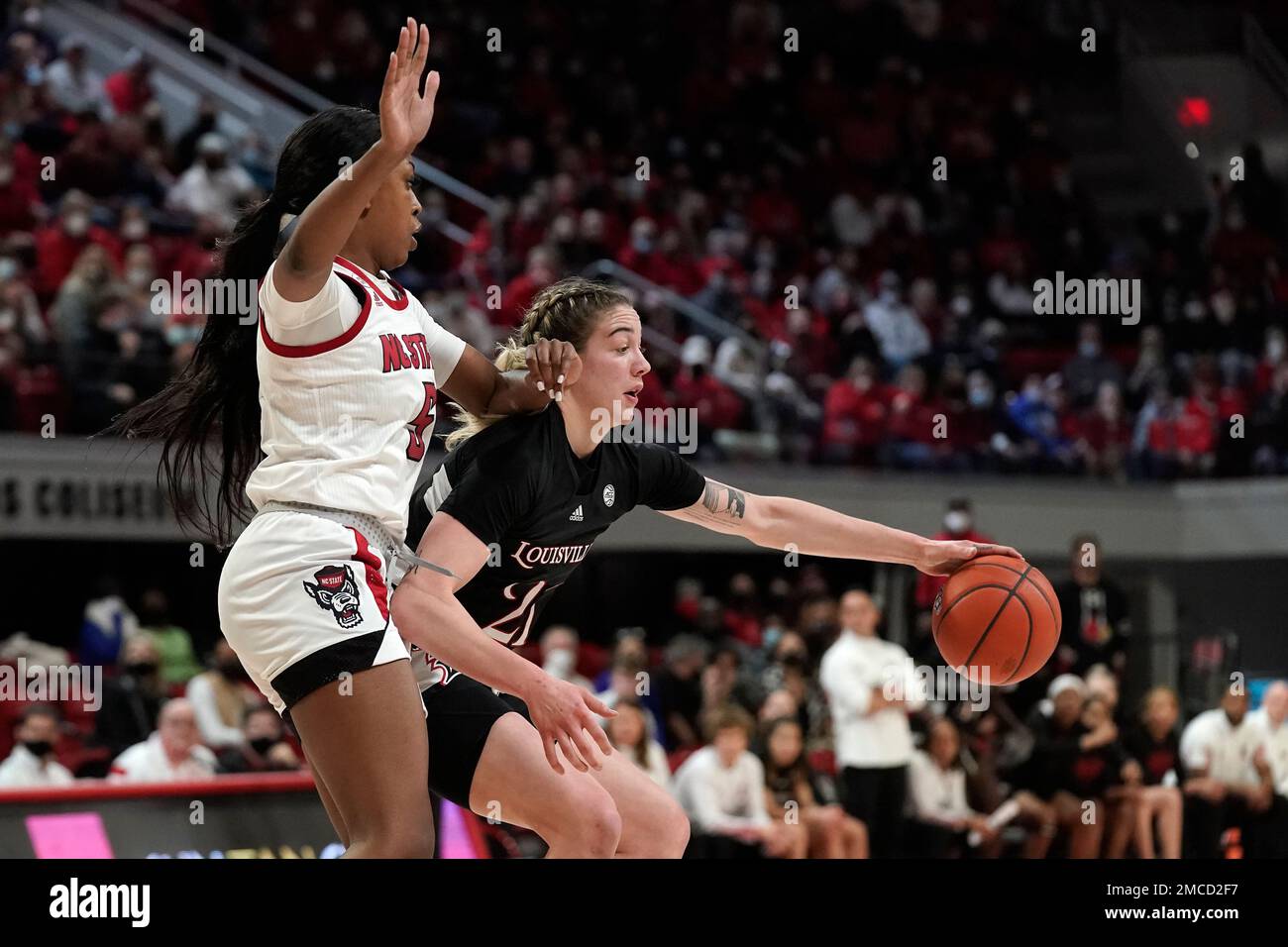 North Carolina State forward Jada Boyd (5) defends against Louisville ...
