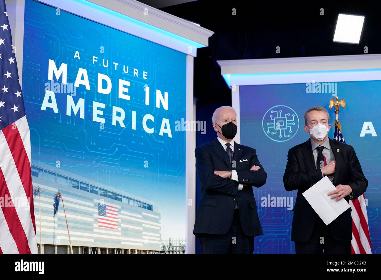 President Joe Biden stands with Patrick Gelsinger, CEO of Intel, in the ...
