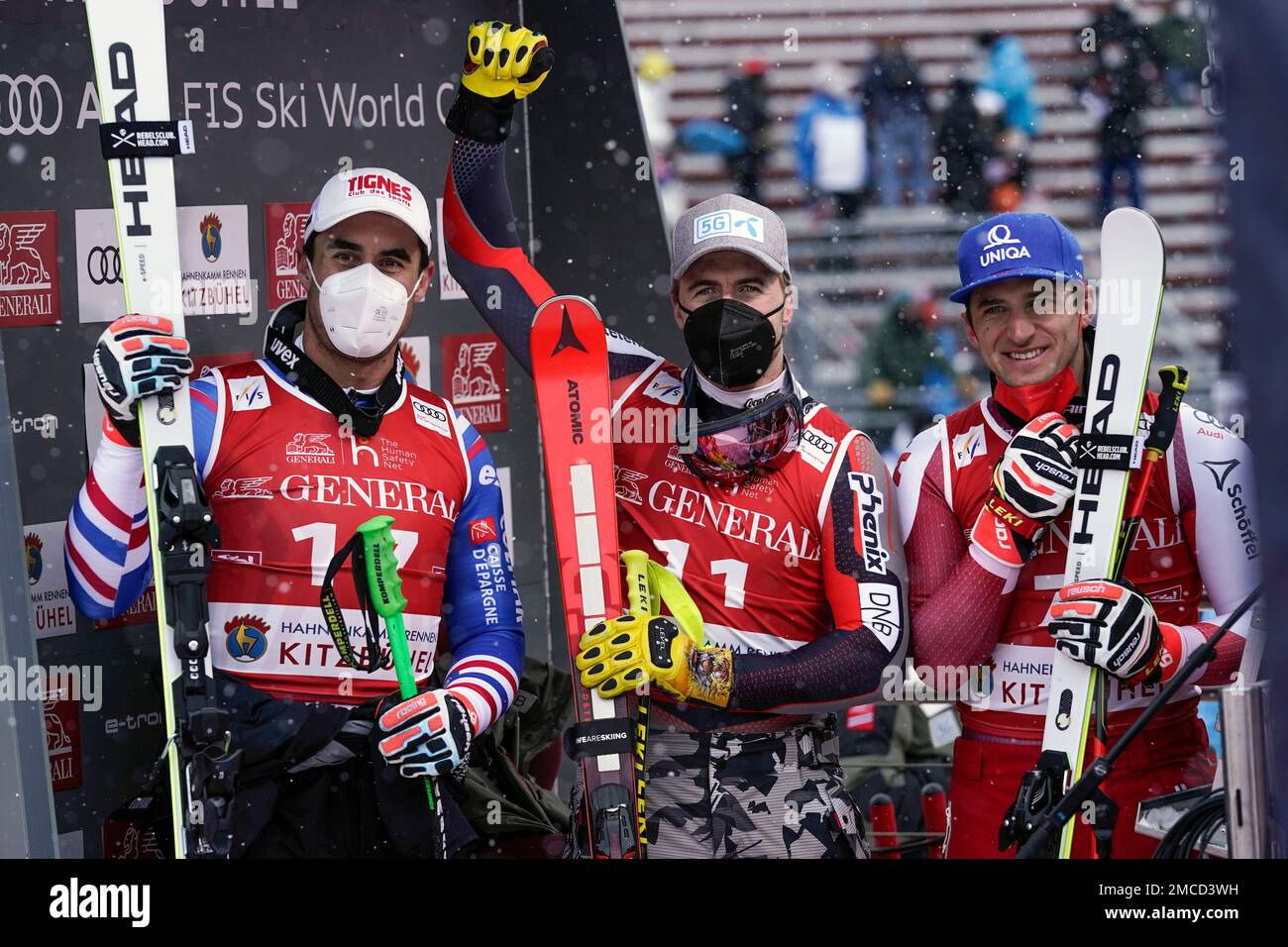 Norway's Aleksander Aamodt Kilde, centre, France's Johan Clarey, left ...