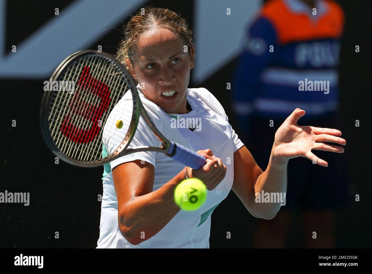Madison Keys of the U.S. plays a forehand return to Wang Qiang of China ...