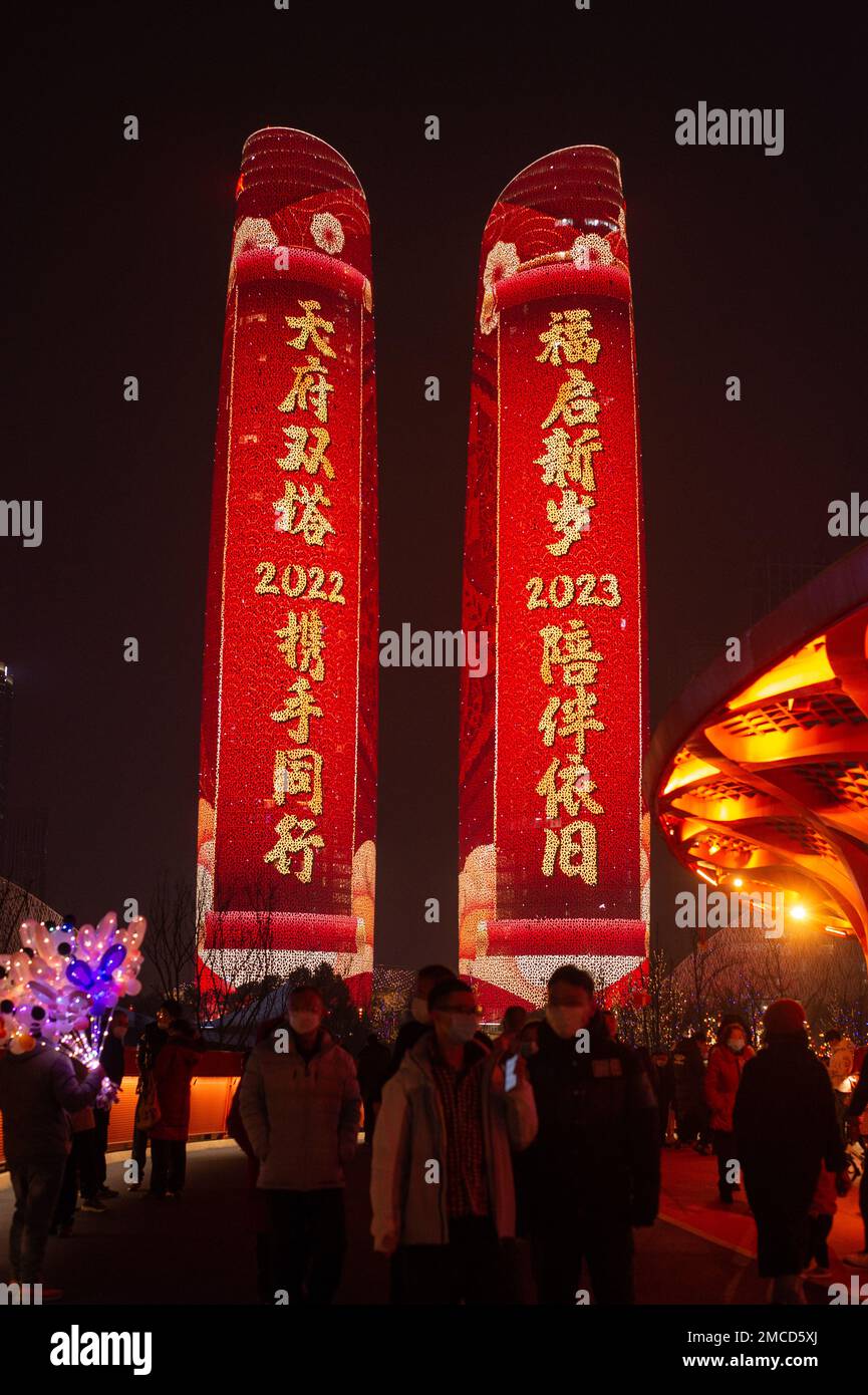 CHENGDU, CHINA - JANUARY 21, 2023 - Citizens watch a light show themed ...