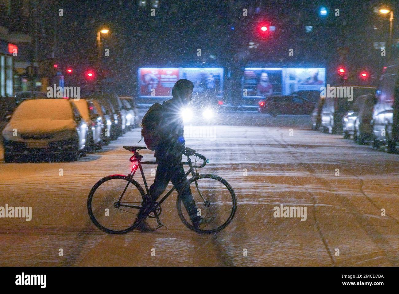 A man pushes his bike through snowfall in Berlin, Germany, Thursday ...