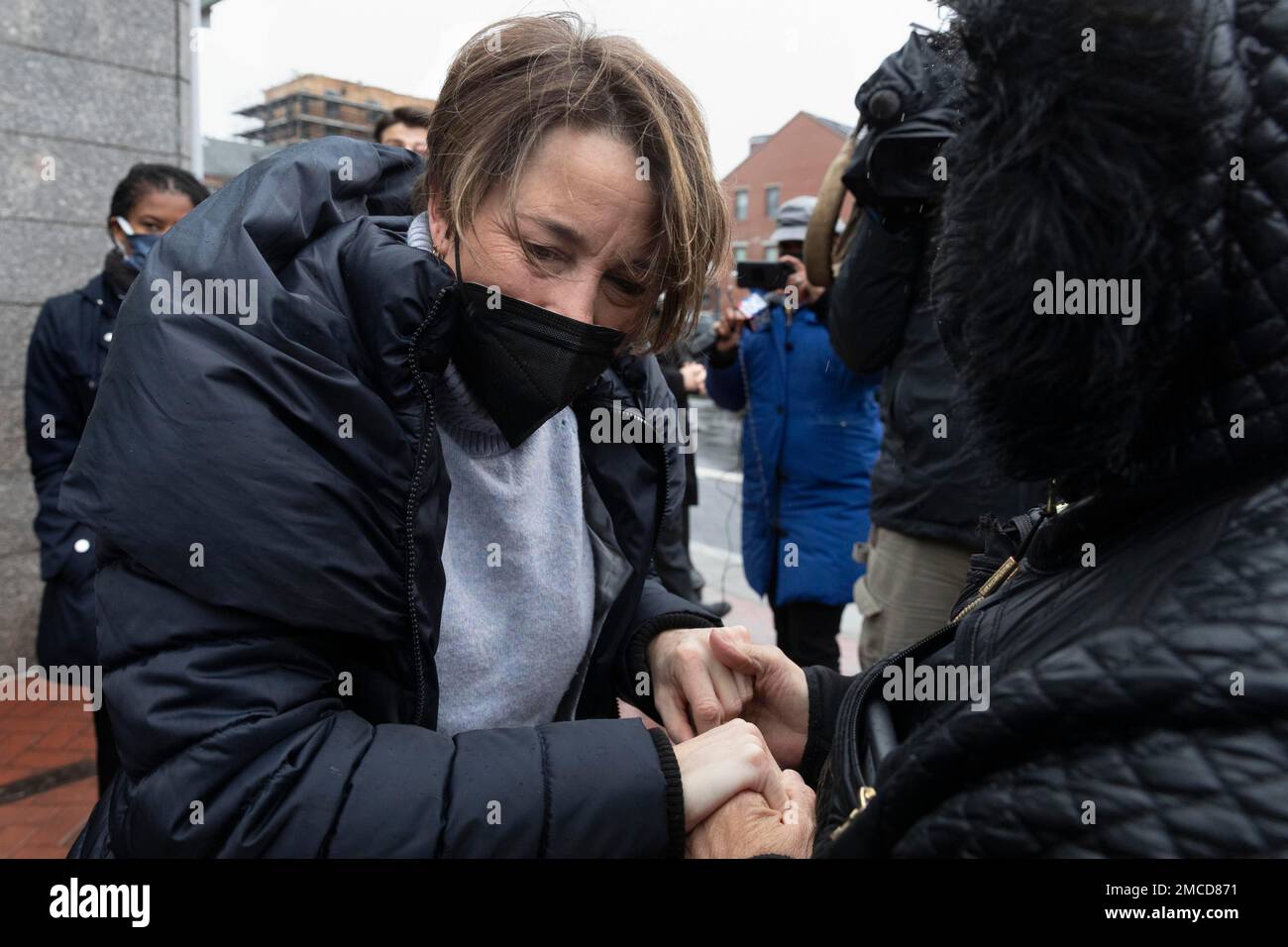 Massachusetts Attorney General Maura Healey greets a supporter during a ...